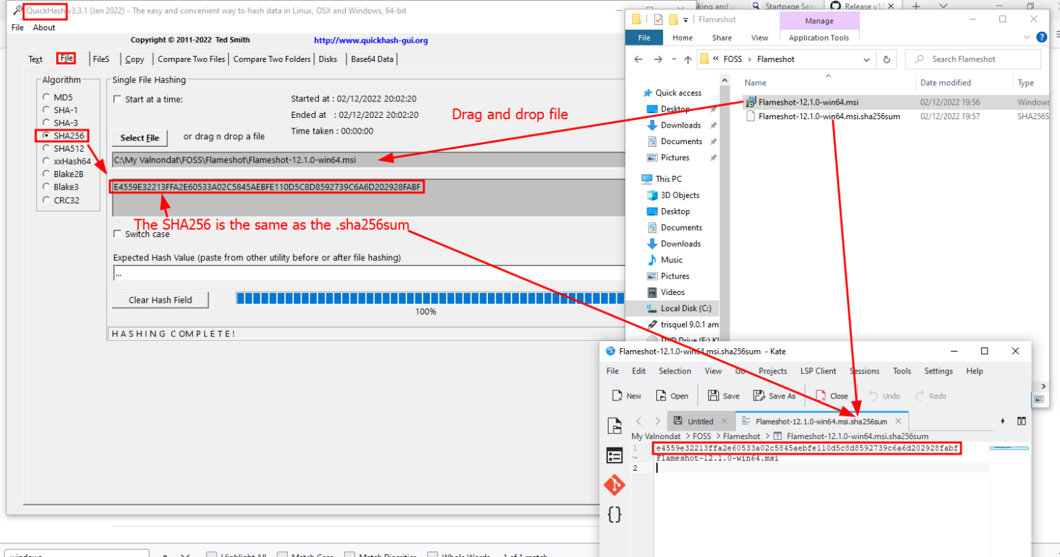 Verifying Gpg4win Using QuickHash Displaying SHA256 Value
